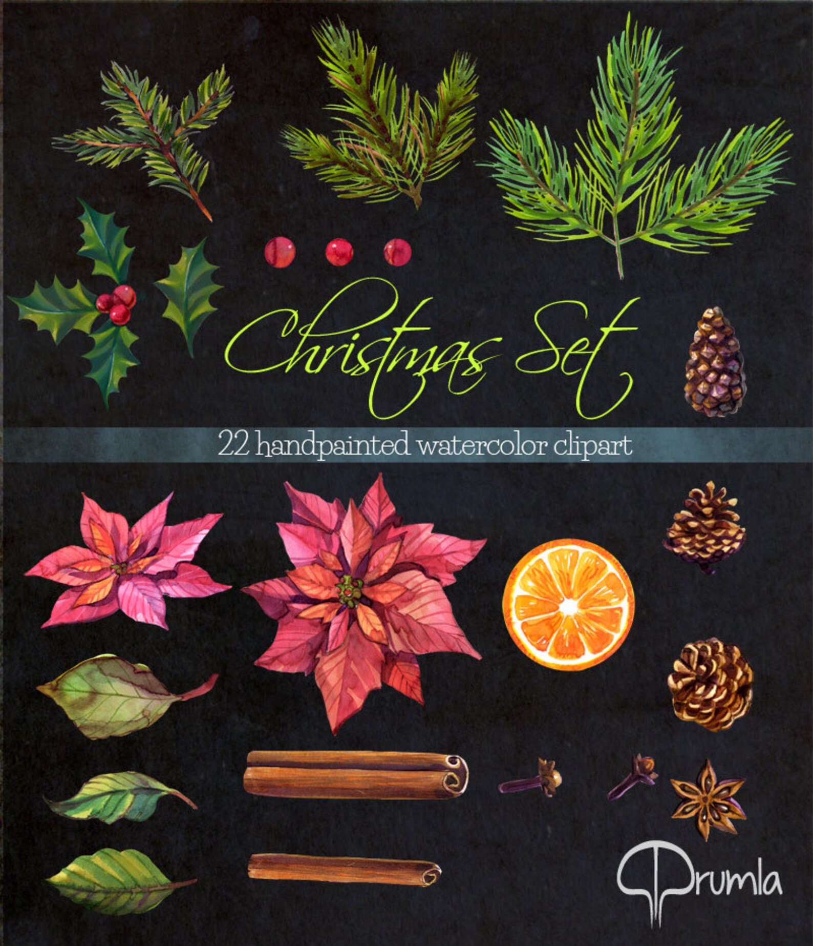 Christmas Watercolor Clip Art Set 22 Hand-panted Watercolor - Etsy