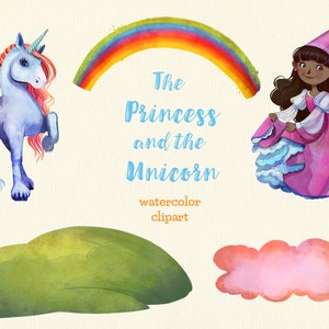 Princess and the Unicorn Watercolor Clipart Fairytale Illustrations Set ...