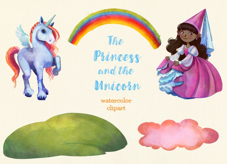 Princess and the Unicorn Watercolor Clipart Fairytale | Etsy