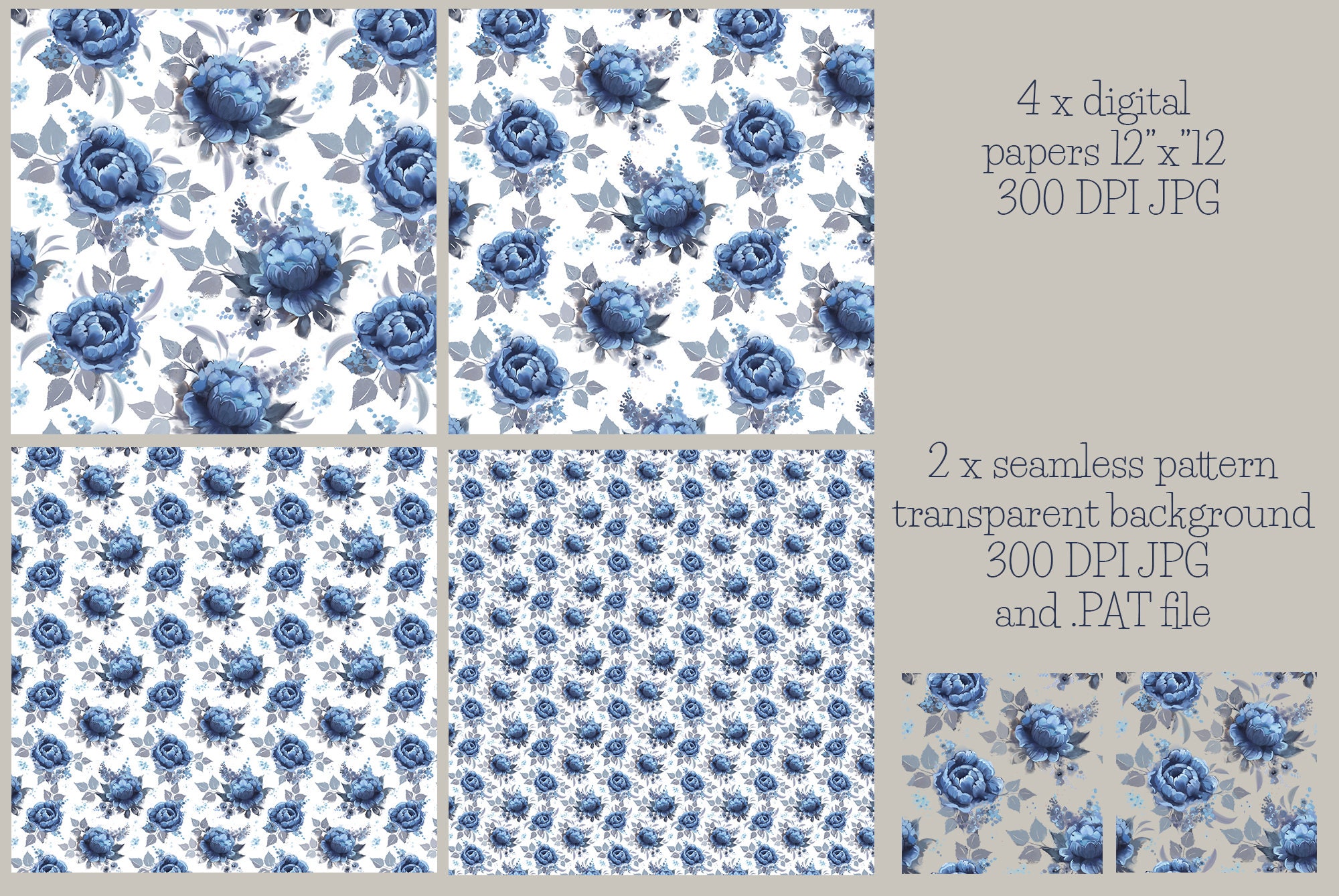 Delft Blue Roses Pattern seamless digital designs | Etsy