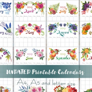 Undated Printable Calendars All Months With Watercolor Illustrations - Etsy