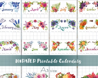Undated Printable Calendars All months with watercolor | Etsy