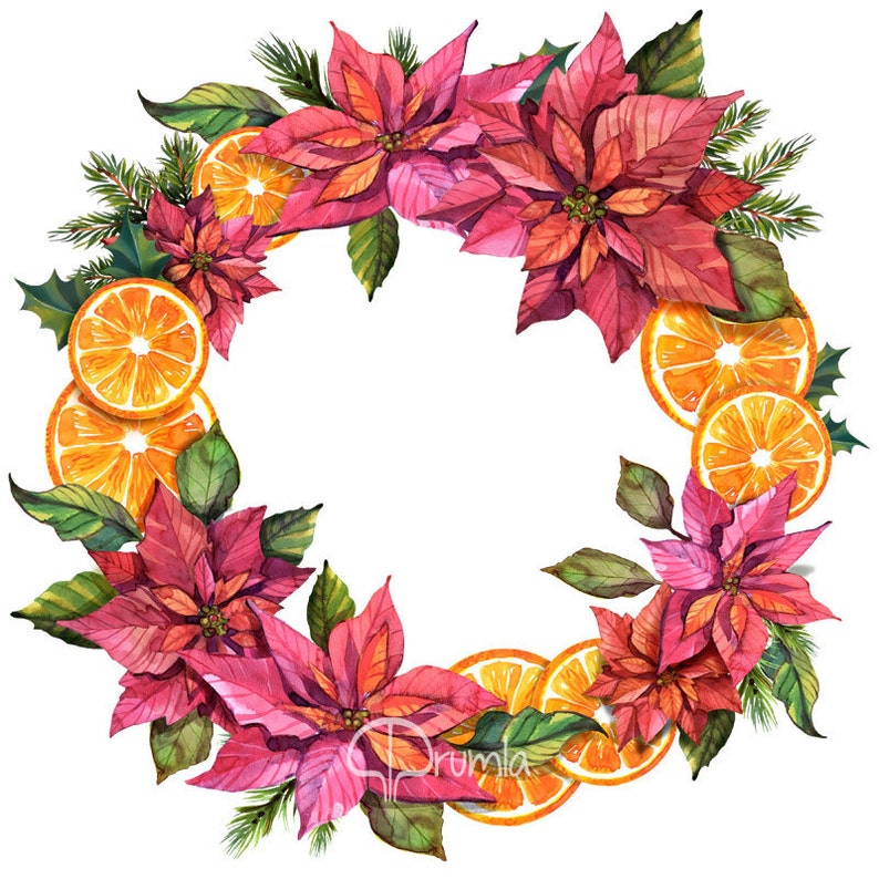 Christmas Wreath Clip Art Poinsettia Wreath // Christmas Clipart ...