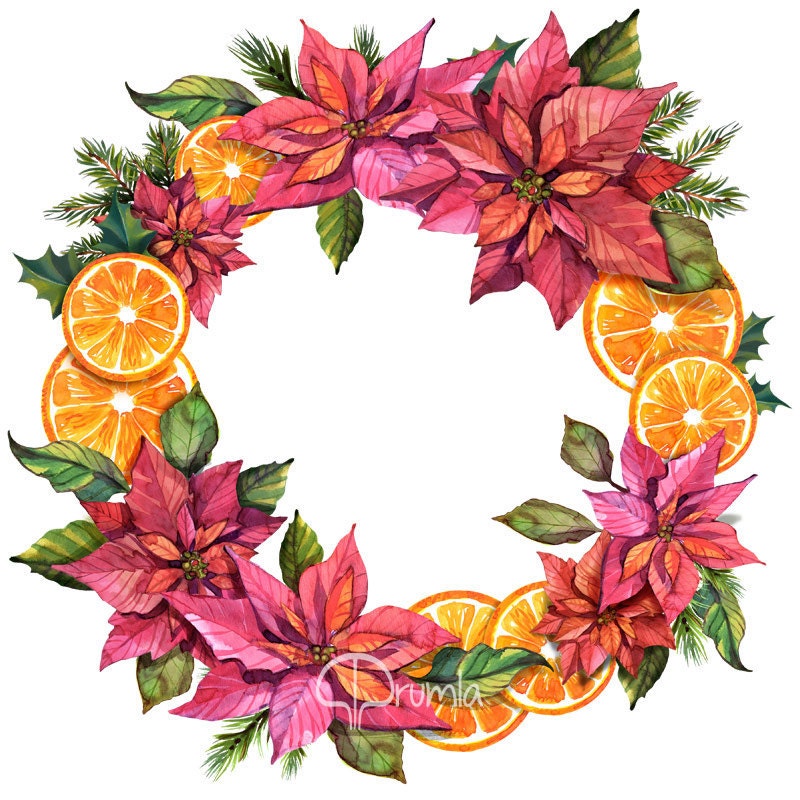 Christmas Wreath Clip Art Poinsettia Wreath // Christmas | Etsy