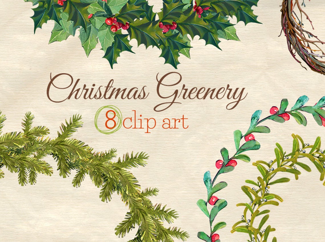 Christmas Greenery Wreaths Set of 8 Hand Painted Watercolor | Etsy