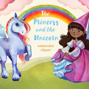 Princess and the Unicorn Watercolor Clipart Fairytale Illustrations Set ...