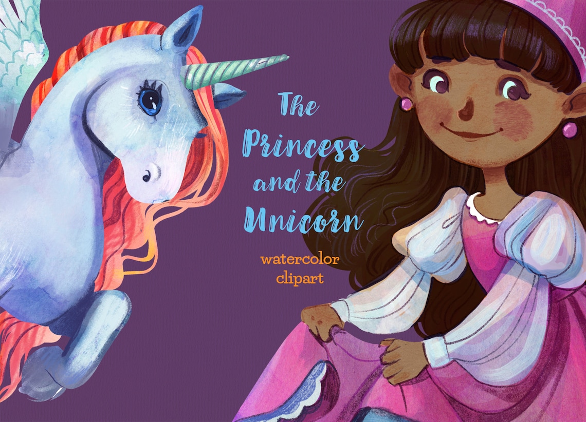 Princess and the Unicorn Watercolor Clipart Fairytale | Etsy