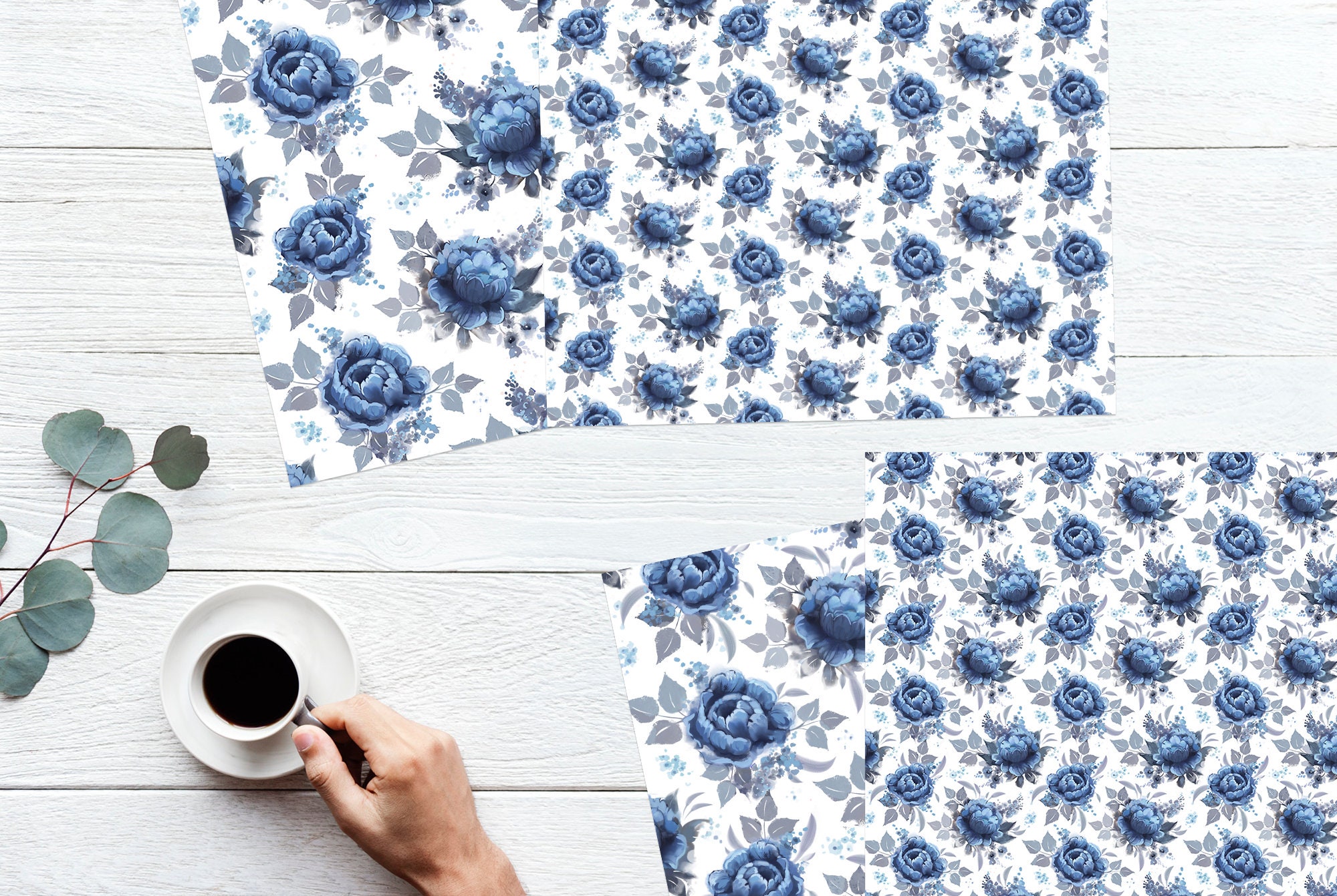 Delft Blue Roses Pattern seamless digital designs | Etsy