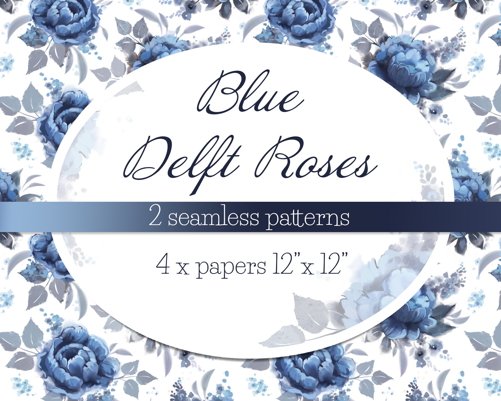 Delft Blue Roses Pattern seamless digital designs | Etsy