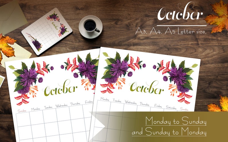 October printable undated Calendar | Etsy