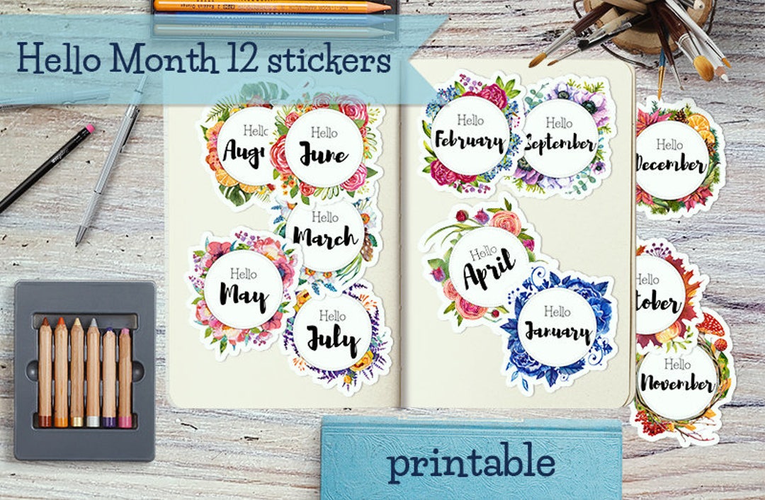 Printable Month Stickers for Bullet Journals and Planners, Watercolor ...