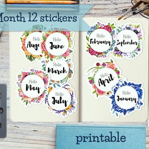 Printable Month Stickers for Bullet Journals and Planners, Watercolor ...