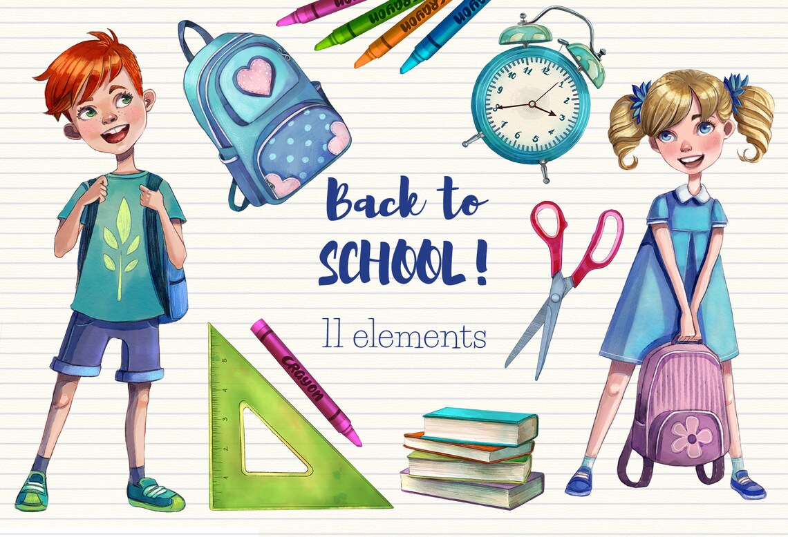 School Boy and Girl Clip Art Watercolor Illustrations and - Etsy