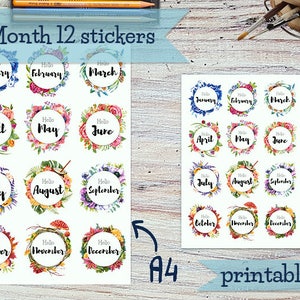 Printable Month Stickers for Bullet Journals and Planners, Watercolor ...