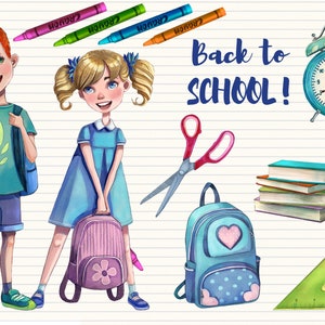 School Boy and Girl Clip Art Watercolor Illustrations and School ...