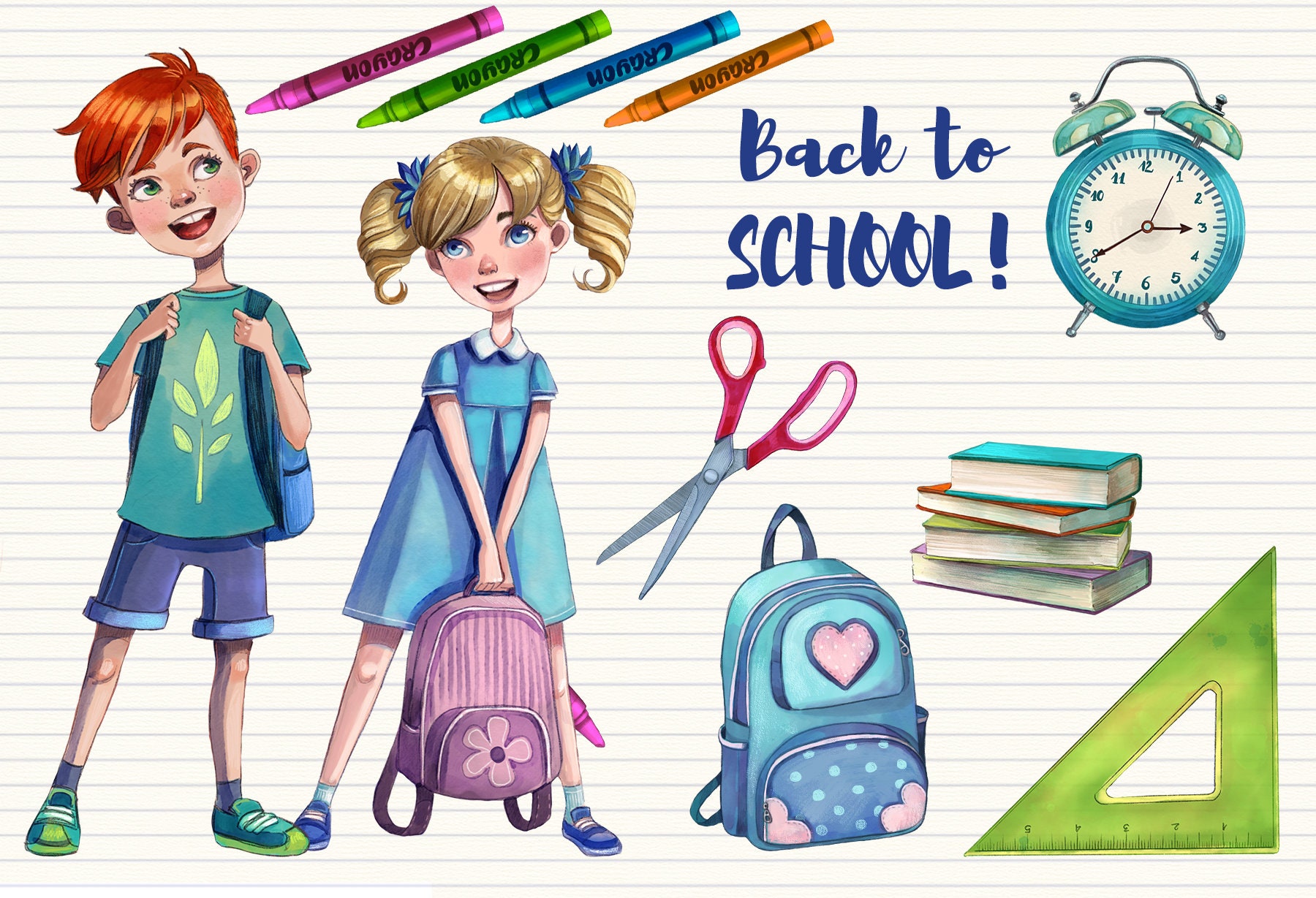 School Boy and Girl Clip Art Watercolor Illustrations and - Etsy