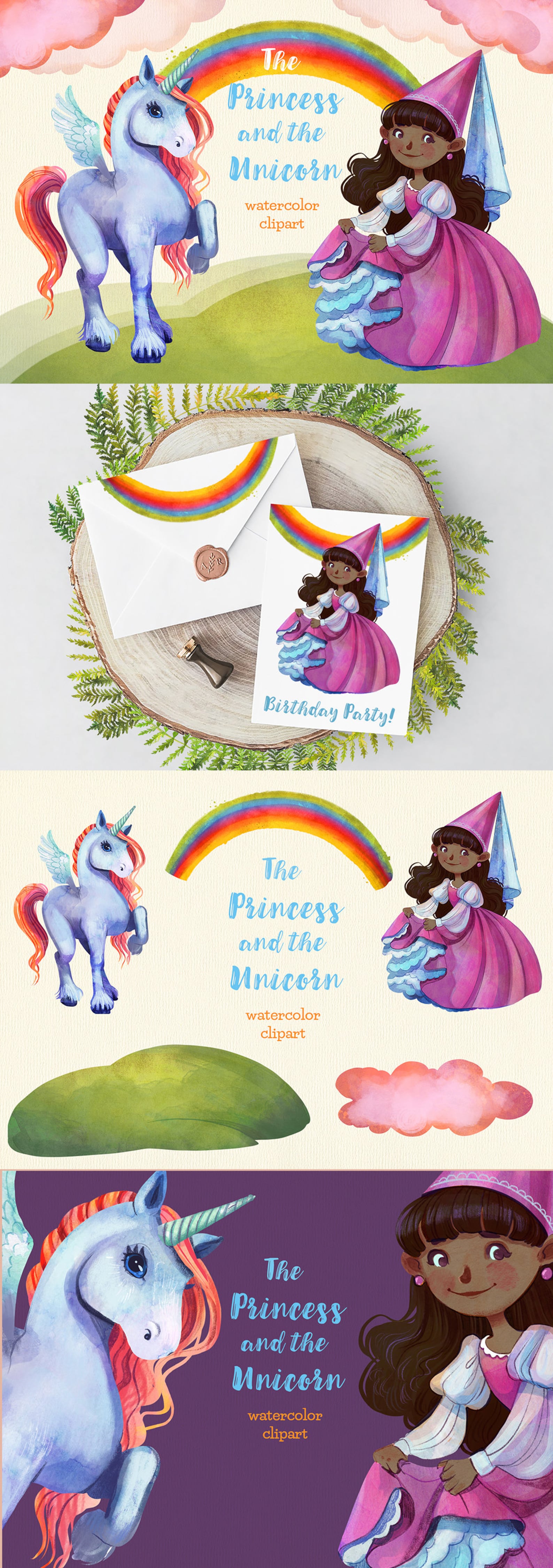 Princess and the Unicorn Watercolor Clipart Fairytale | Etsy