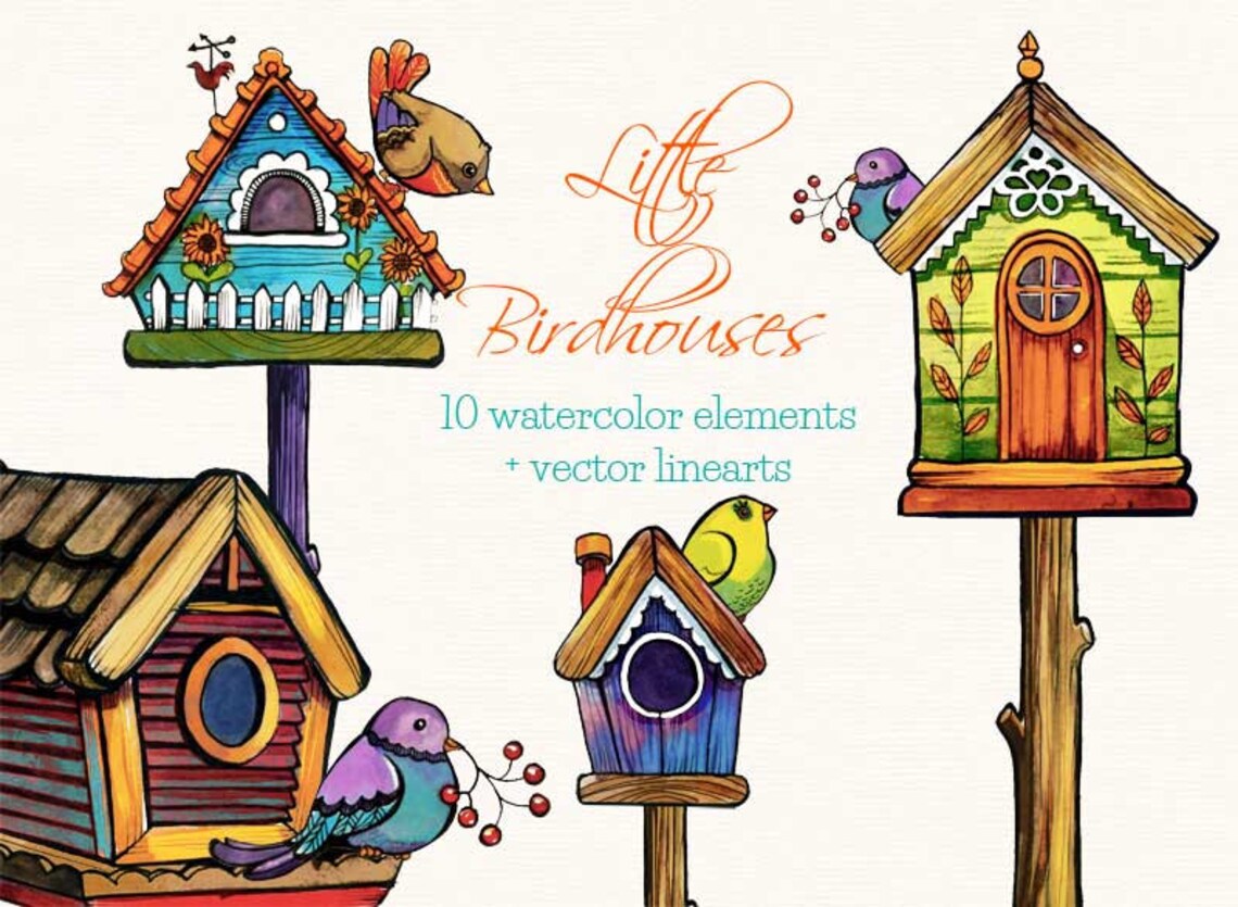 Birdhouse Watercolor Clipart and Cute Birds Png Hand-painted - Etsy
