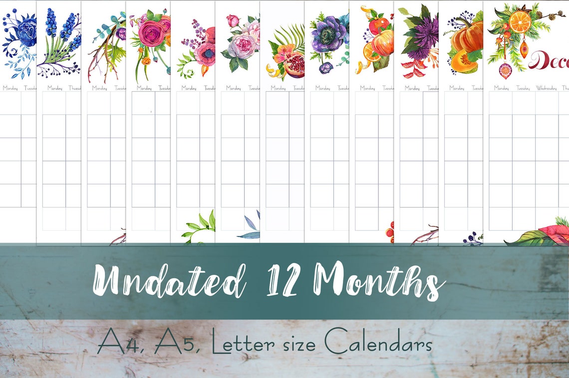 Undated Printable Calendars All months with watercolor | Etsy