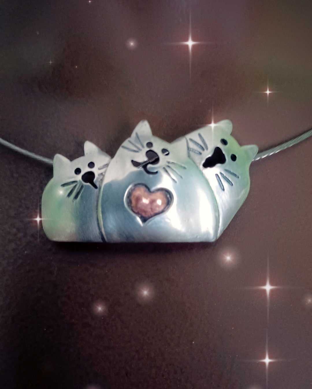 Three Kittens Brooch and Pendant, 3 Solid 925 Sterling Silver Cats and ...