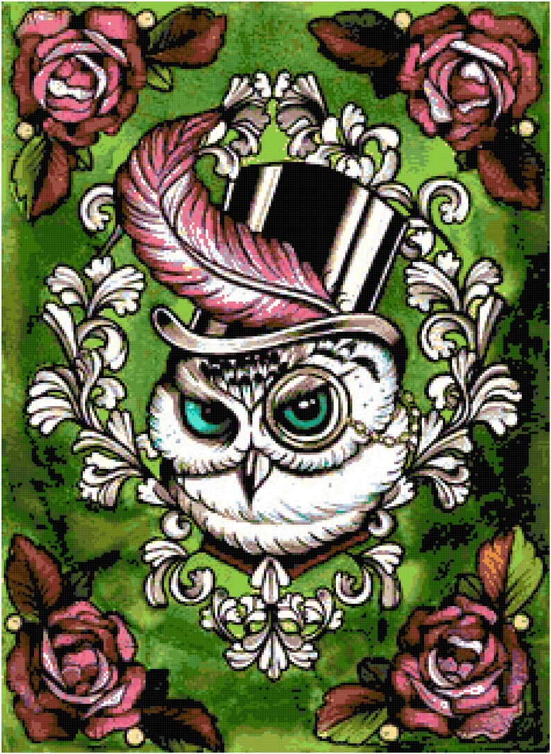 Trippy Green Owl Cross Stitch Printable Needlework Pattern - DIY ...
