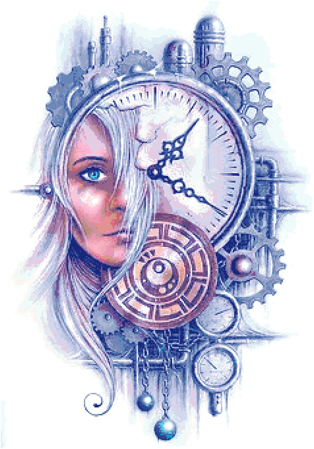 Steampunk Woman's Face Clock Cross Stitch Printable Needlework Pattern ...