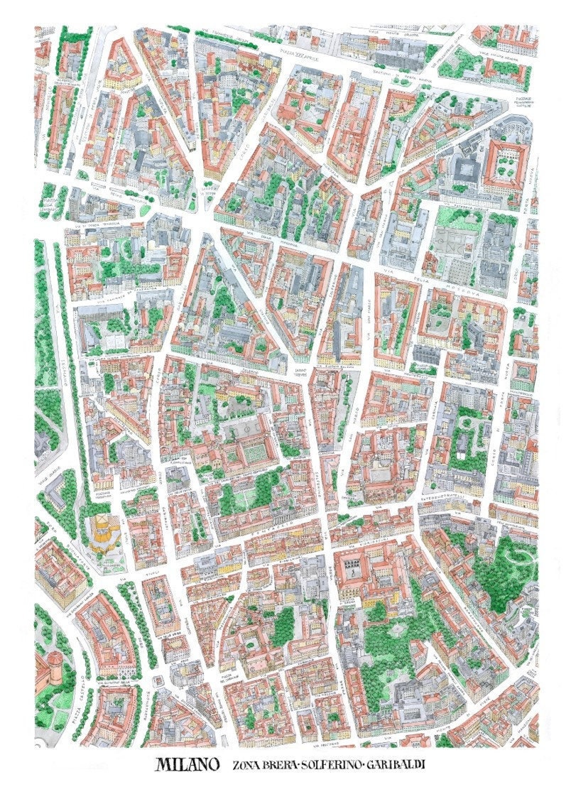 BRERA DISTRICT, MILAN - Italy, Custom City Map, City Map Poster ...