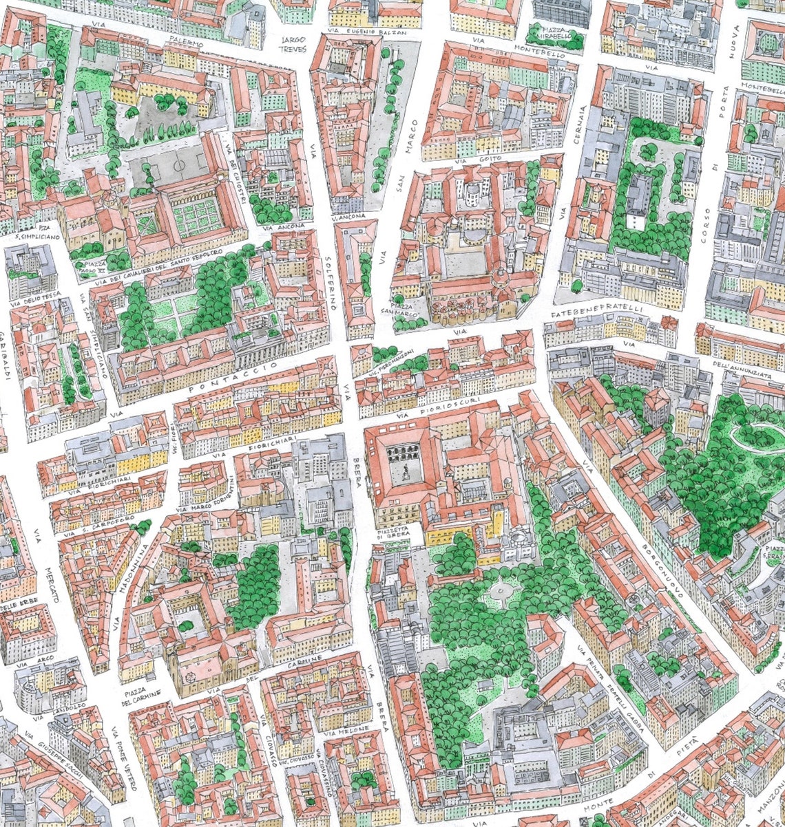 BRERA DISTRICT, MILAN - Italy, Custom City Map, City Map Poster ...