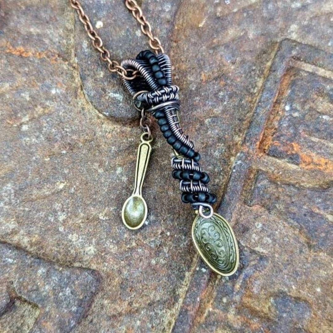 Mini Spoon Charm - Wire Wrapped Necklace - Matte Black and Tiny Spoon ...
