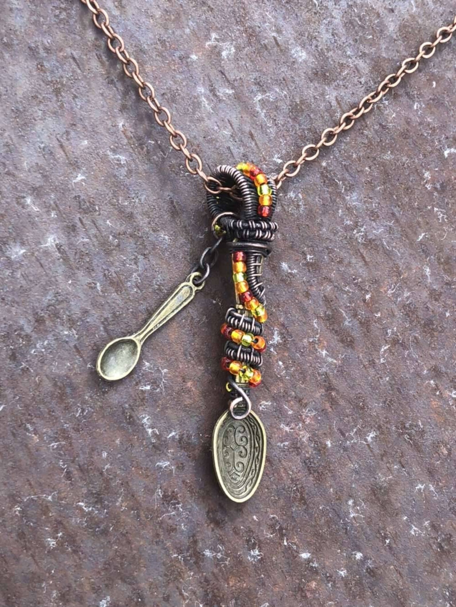 Flame Copper Wire Wrapped Mini Spoon Pendant With Tiny Spoon - Etsy
