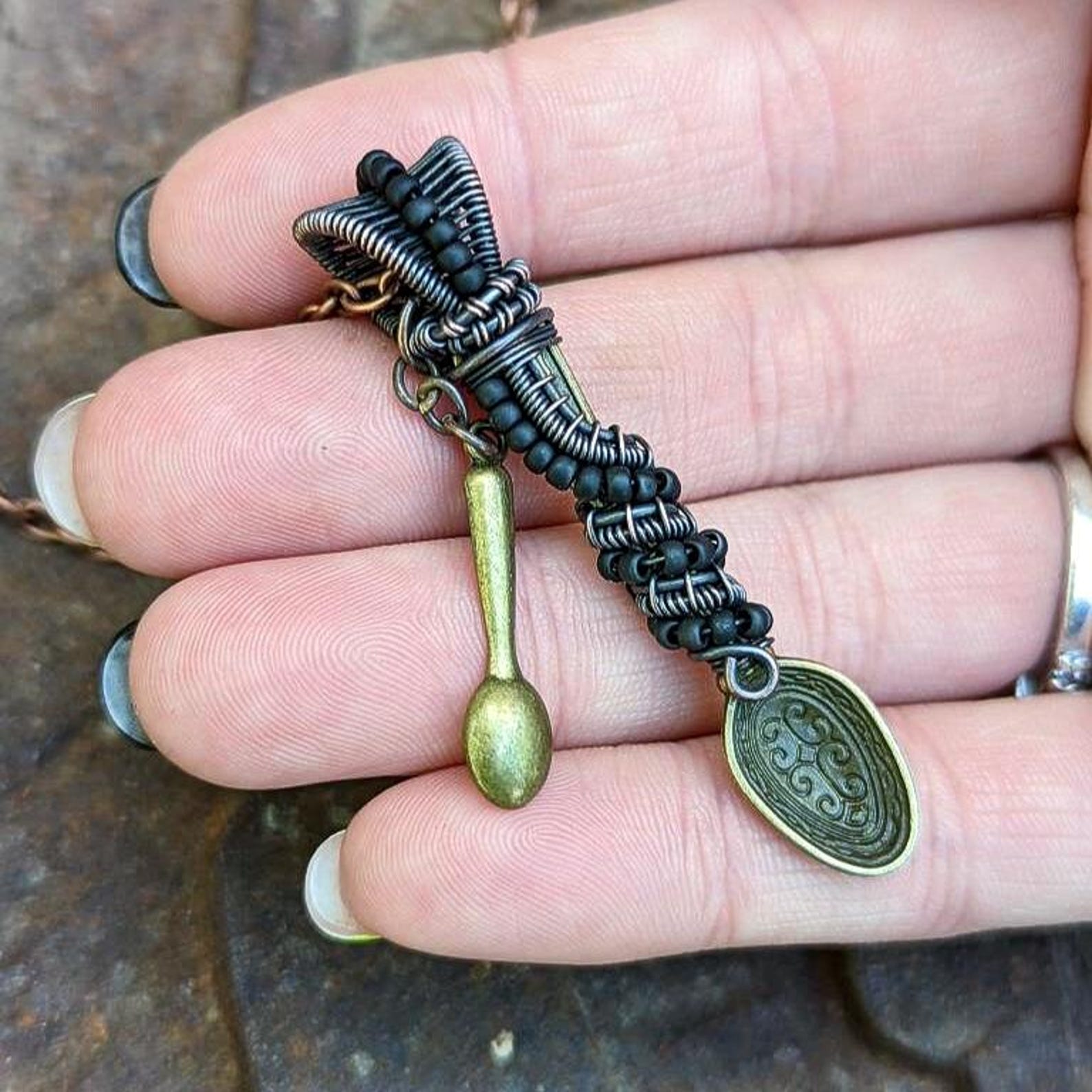 Mini Spoon Charm - Wire Wrapped Necklace - Matte Black and Tiny Spoon ...