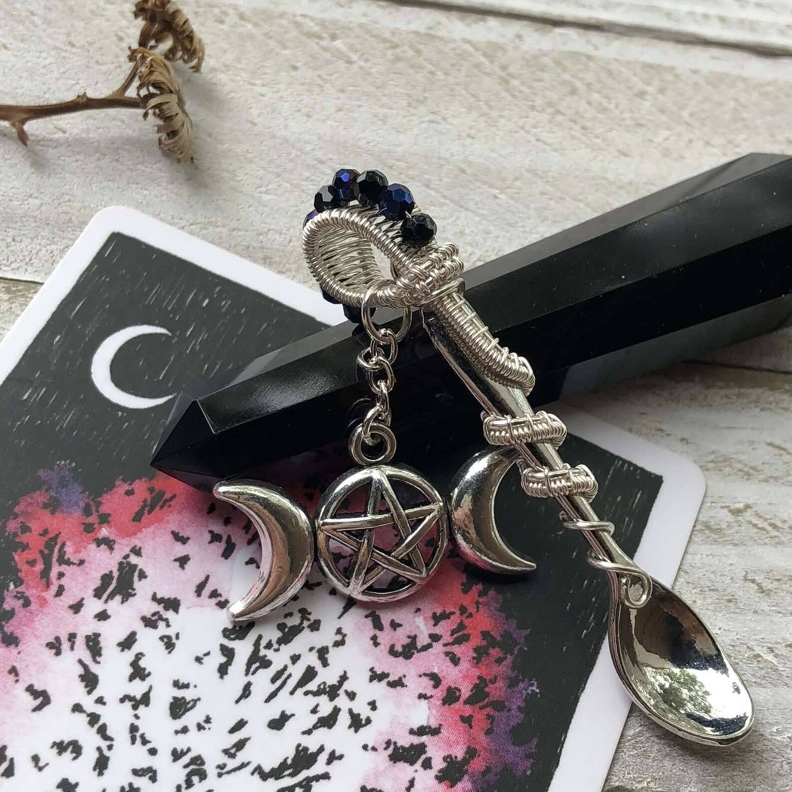 Pagan Spoon Necklace, Pentacle, Triple Moon, Wicca, Wire Wrapped Spoon ...