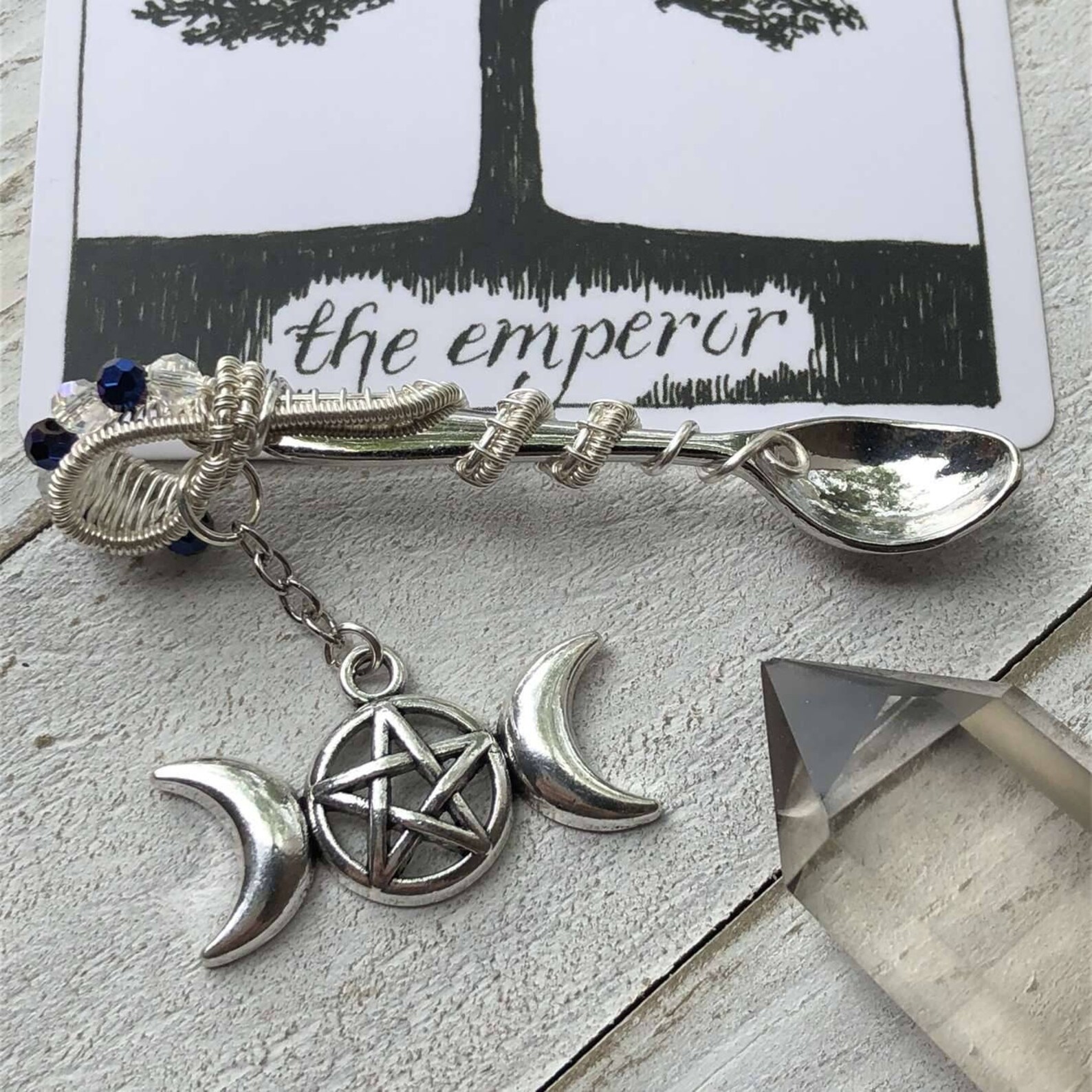 Pagan Spoon Necklace, Pentacle, Triple Moon, Wicca, Wire Wrapped Spoon ...