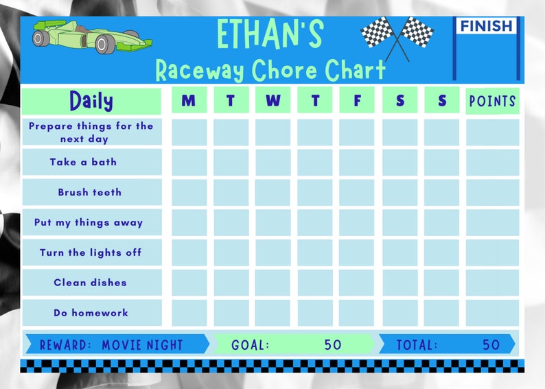 EDITABLE Raceway Reward Chart, Raceway Chore Chart, Behavior Chart ...