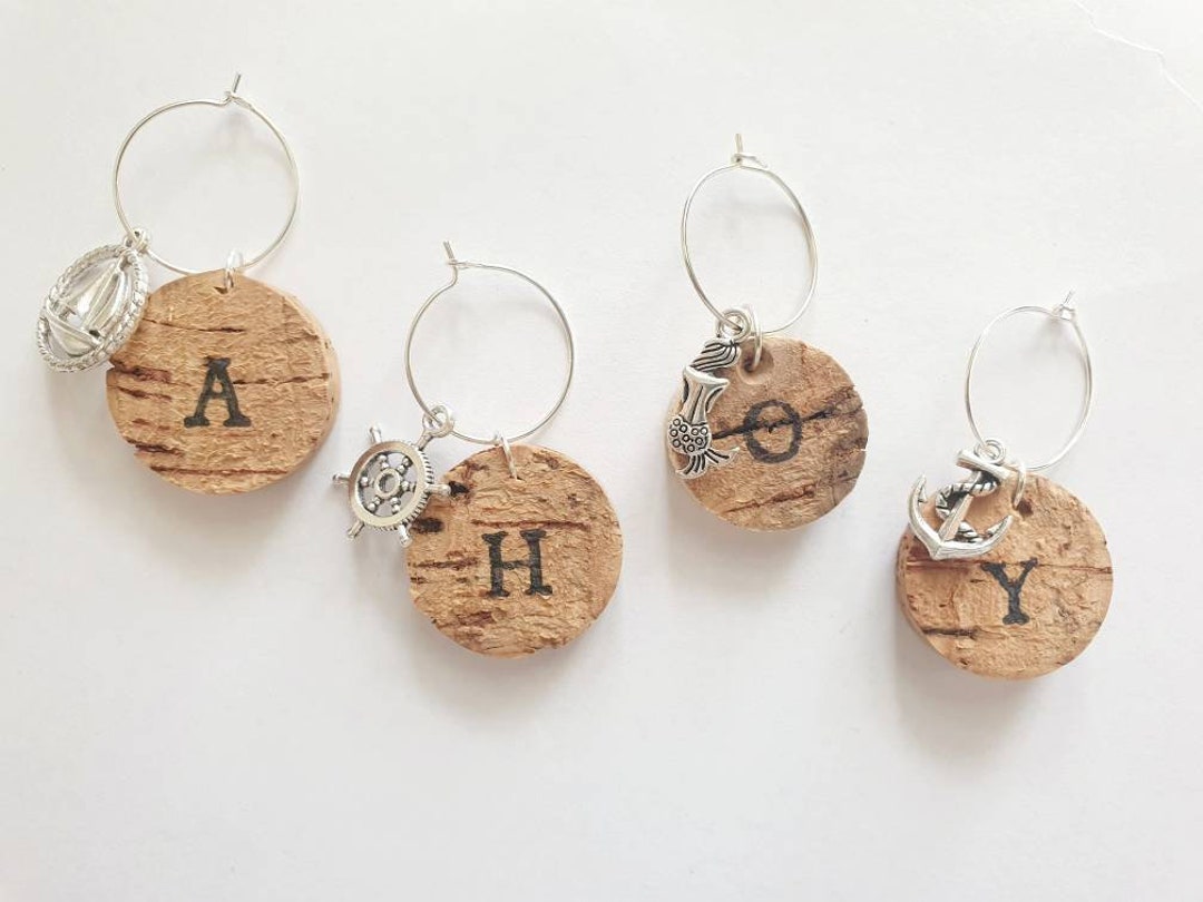 Nautical Wine / Drinks Glass Charms - Handmade Personalised Cork Charms - Nautical Wedding, Hen ...