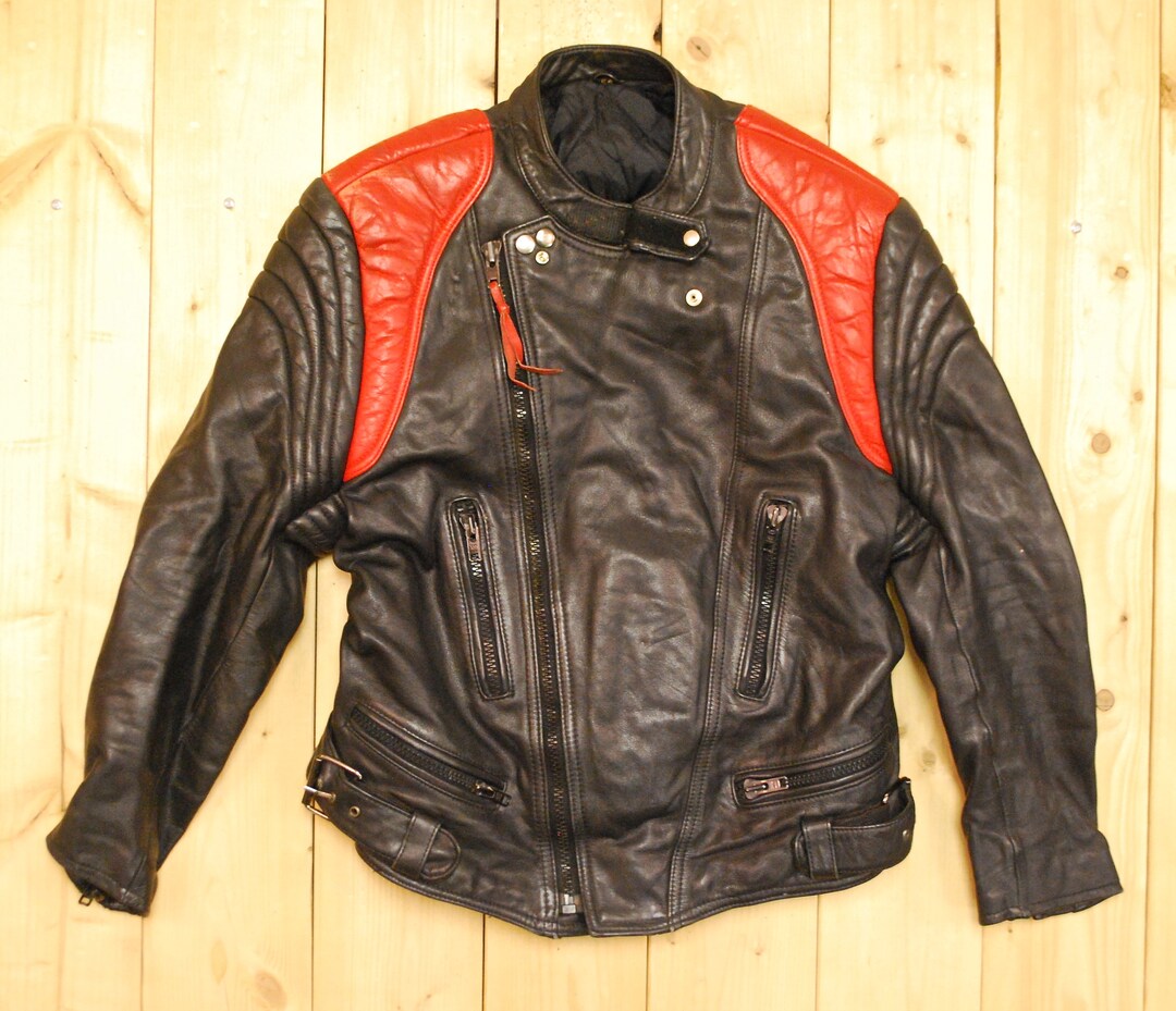 Vintage 1980's Black and Red Leather Motorcycle Jacket / Cafe Racer ...