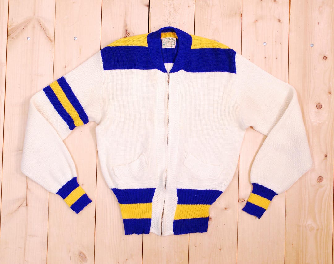 Vintage 1950's Beige Blue and Yellow VARSITY LETTERMAN Sweater / Retro ...