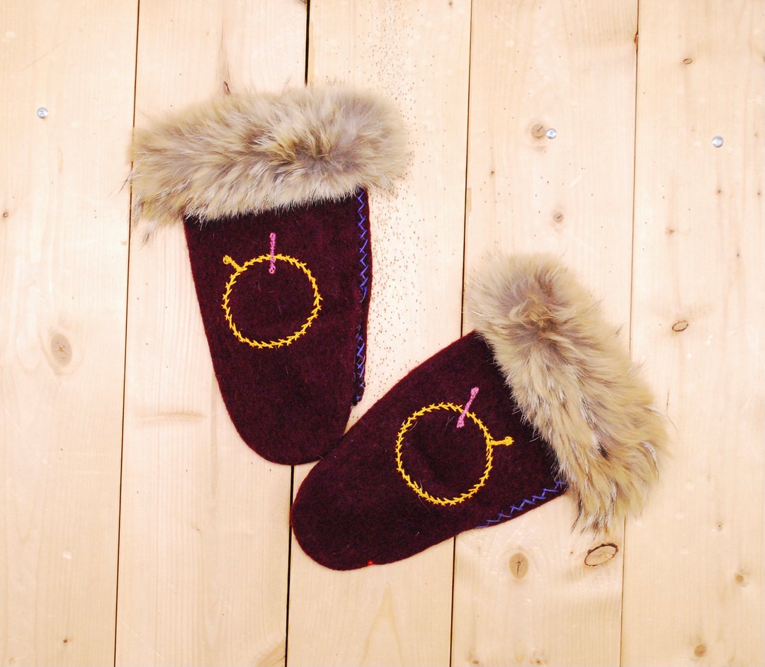 Vintage 1960's/70's Inuit Embroidered Packing Wool Mittens / Fur Trim ...