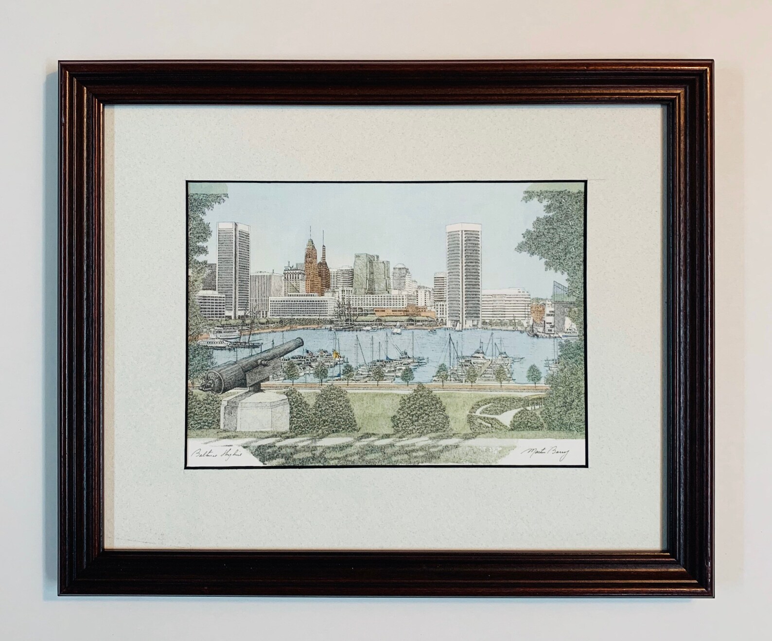 Baltimore Skyline From Federal Hill , by Artist Martin Barry . Pen and ...