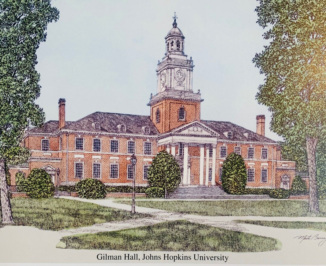 Johns Hopkins University, Gilman Hall Spring , a Pen and Ink Watercolor ...