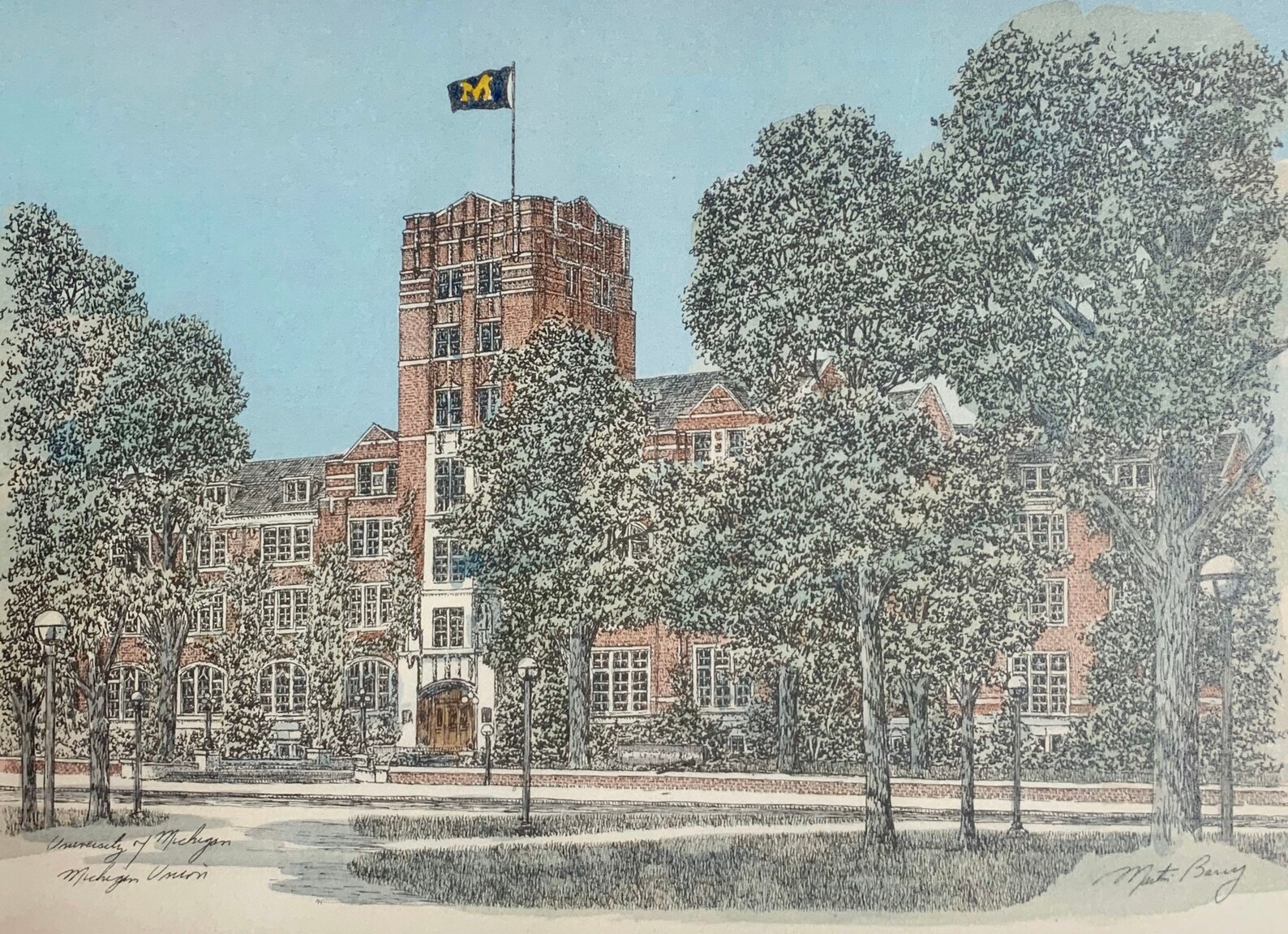 University of Michigan, Pen and Ink Watercolor Print , by Artist Martin ...