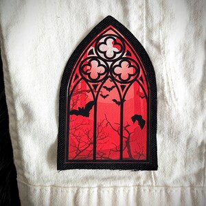 Sew-on Patch Red Gothic Cathedral Church Victorian Window Flying Bats Goth Horror Halloween ...
