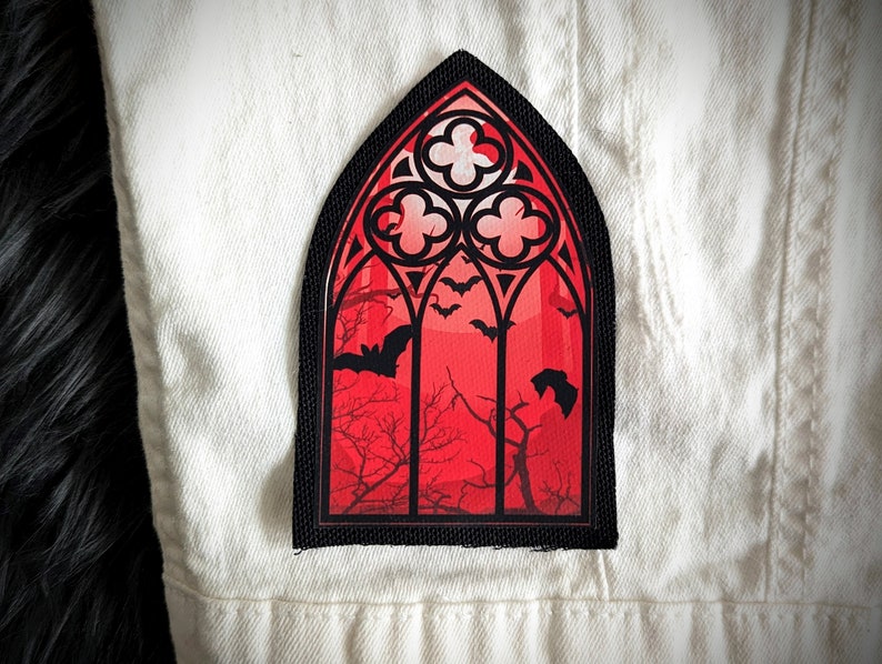 Sew-on Patch Red Gothic Cathedral Church Victorian Window Flying Bats ...