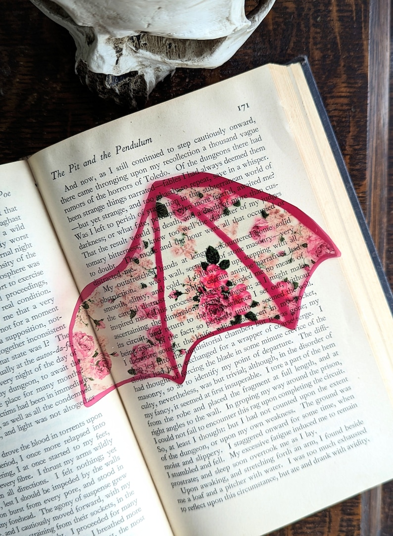 Clear Bookmark Vintage Retro Pink Floral Bat Dragon Wing Goth Gothic ...