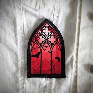Sew-on Patch Red Gothic Cathedral Church Victorian Window Flying Bats Goth Horror Halloween ...