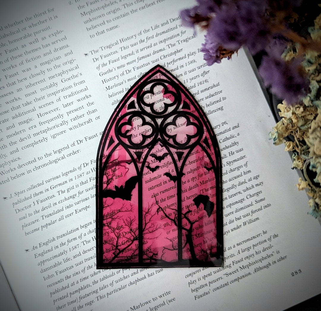 Clear Bookmark Pink Cathedral Church Window Night Scene Bats Flying ...