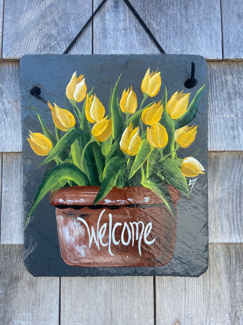 Spring Tulip Slate Sign Yellow Tulips Welcome Sign Easter - Etsy
