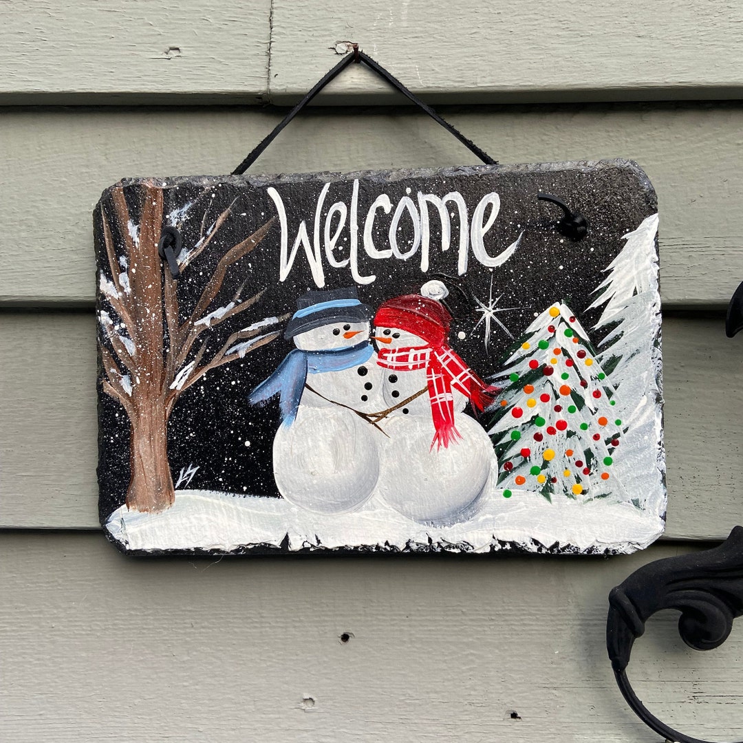 Painted Winter Slate, Snowman Welcome Sign, Porch Decor, Painted Slate ...