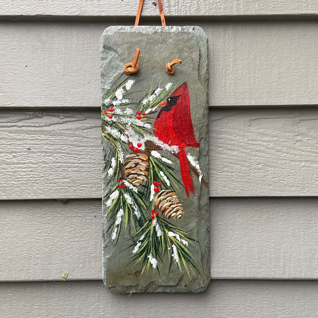 Painted Cardinal on Slate, Winter Porch Decor, Painted Slate Sign ...