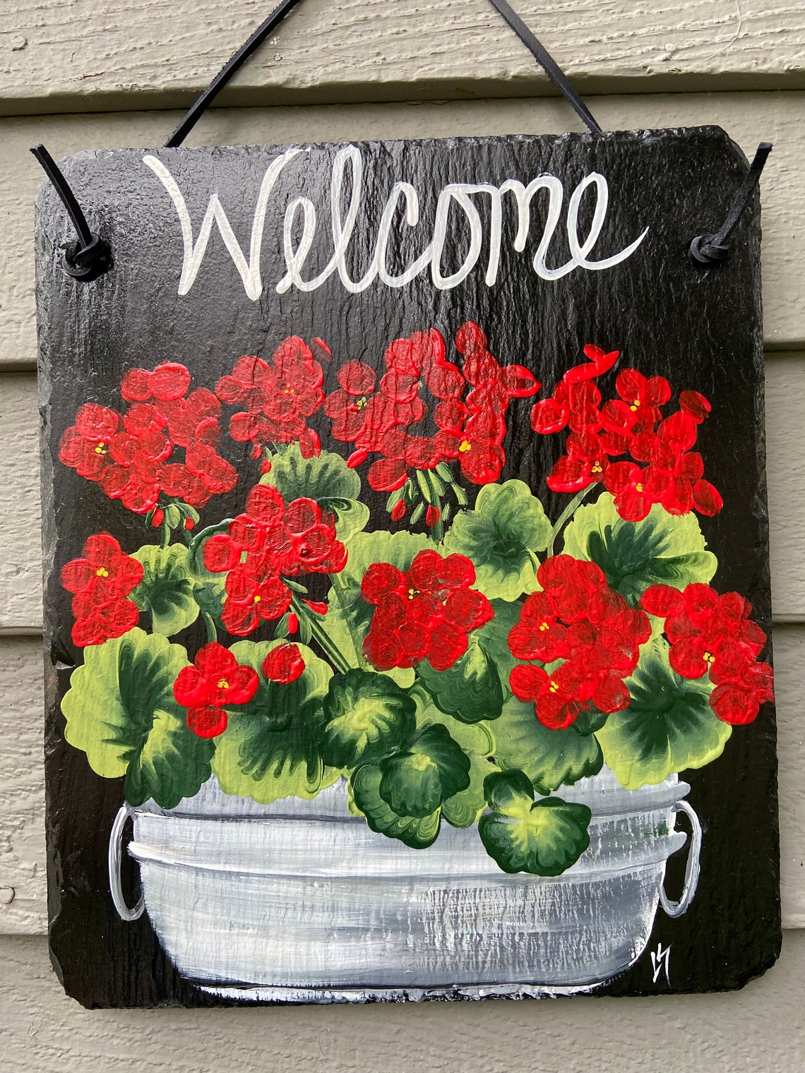 Painted Geranium Welcome Slate Sign: Front Door Decor - Etsy